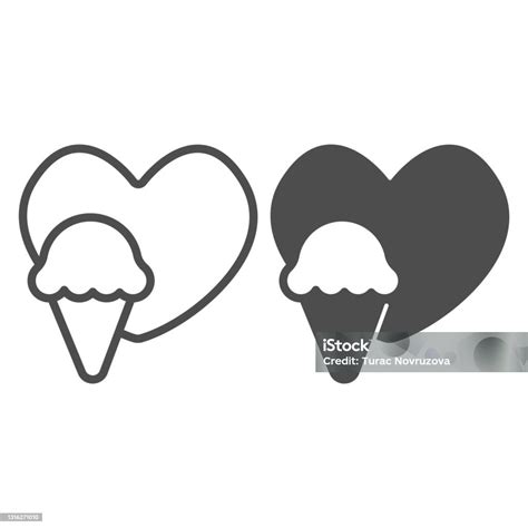 하트와 아이스크림 와플 콘 라인과 단단한 아이콘 아이스크림 개념 흰색 배경에 아이스크림 벡터 기호 심장과 와플 콘 개요 스타일 모바일 개념 및 웹 디자인 벡터 그래픽 10에