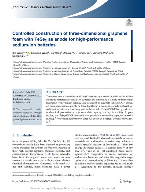 Controlled Construction Of Three Dimensional Graphene Foam With Fese2