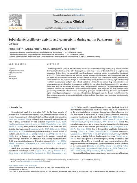 Pdf Subthalamic Oscillatory Activity And Connectivity During Gait In