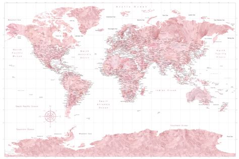 Map of Light pink watercolor world map with cities and Antarctica ǀ
