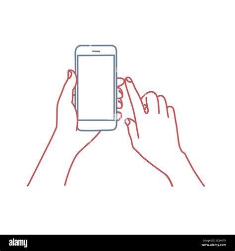 touch screen mobile phone in hand colour line drawing vector