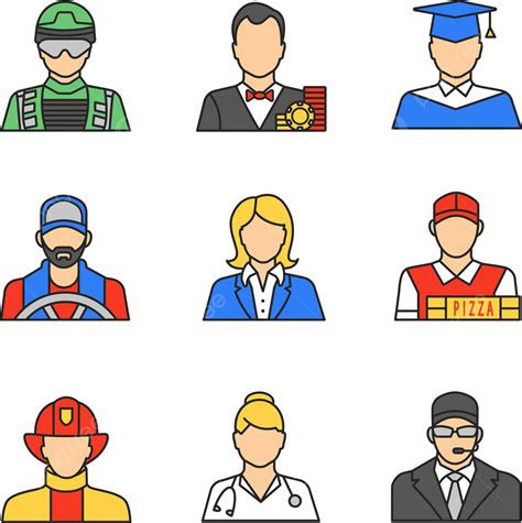 Professions Color Icons Set Deliveryman Soldier Secretary Vector
