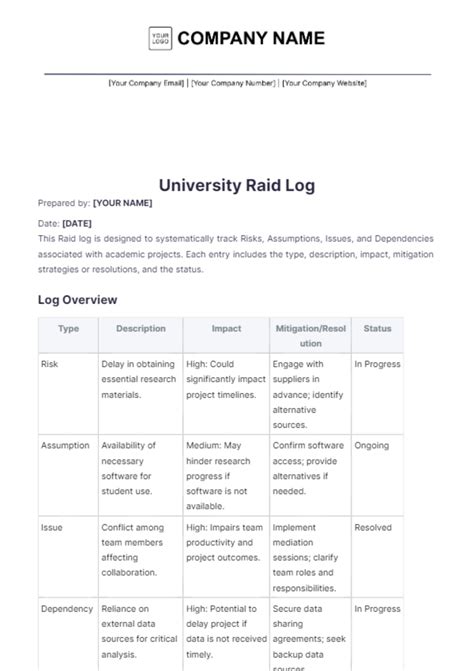 Free University Raid Log Template To Edit Online