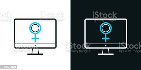 여성 기호가 있는 데스크톱 컴퓨터 검정 또는 흰색 배경에 바이 컬러 라인 아이콘 편집 가능한 획 0명에 대한 스톡 벡터 아트 및 기타 이미지 Istock