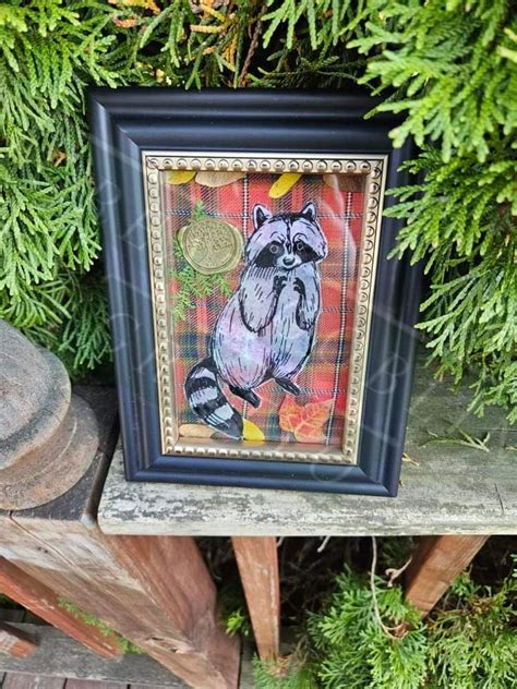 Raccoon Glass Transfer Portrait Original Home Decor Art Vintage