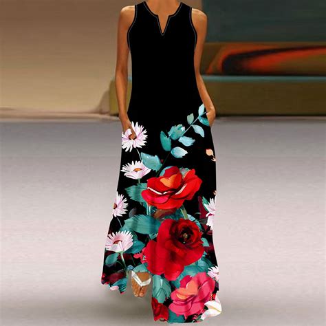 Mitankcoo Women S Summer Beach Dress Vintage Floral V Neck Sleeveless Long Tank Maxi