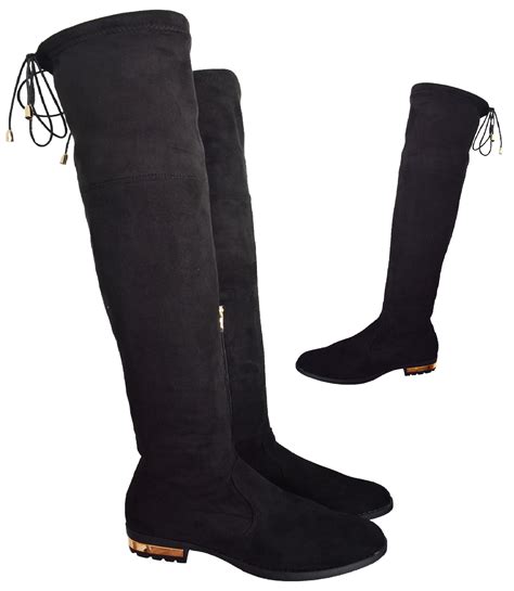 Ladies Womens Flat Low Gold Heel High Over The Knee Stretch Suede Boots