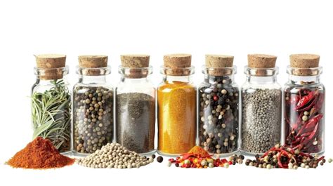 Selection Of Exotic Spices And Herbs In Glass Jars On White Background