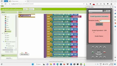 mit app inventor logical conditional statements calculating grade