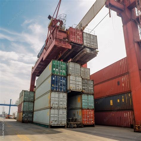 Container Stacker Crane Lifting Up Stacking Container Box In Yard