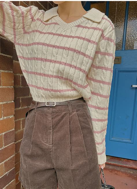 1천장 돌파 벤누아 스트라이프 꽈배기 오픈카라 니트 가을 가을룩 데일리룩 여행룩 휴가룩 공항룩 유니크룩 러블리룩 가을니트 긴팔니트 루즈핏 패턴 단가라니트 신상니트