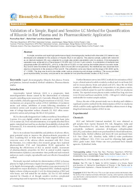 Pdf Validation Of A Simple Rapid And Sensitive Lc Method For Quantification Of Riluzole In