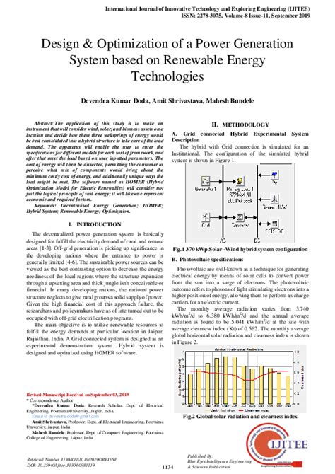 Pdf Design And Optimization Of A Power Generation System Based On Renewable Energy Technologies
