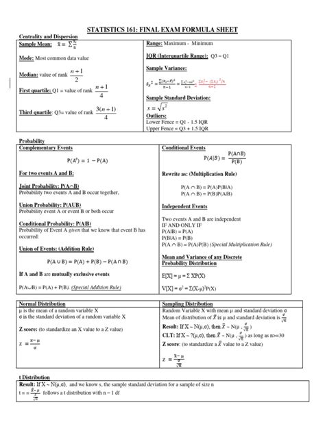 Introductory Statistics Formulas And Tables Pdf Standard Deviation Quartile