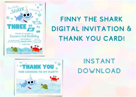Finny The Shark Any Age Birthday Customized Invitation Bundle 5x7