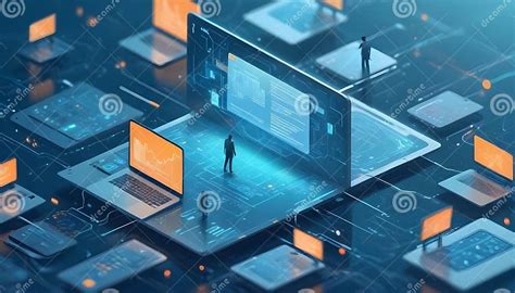 Isometric View Of Miniature Businesspeople Interacting With A Network Of Interconnected Digital