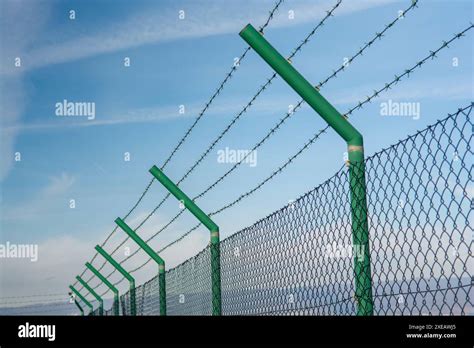 Green Steel Wire Mesh Fence Around The Airport Area Restricted Area