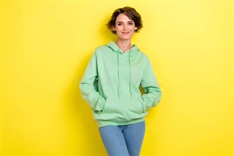 Photo Of Pretty Cute Cheerful Lady Wear Green Comfort Warm Sweatshirt