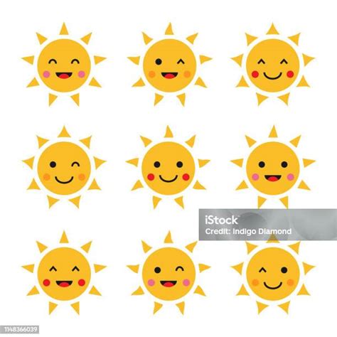 웃는 만화 태양평면 디자인의 집합입니다 이모티콘 벡터 일러스트 햇빛에 대한 스톡 벡터 아트 및 기타 이미지 햇빛 이모티콘