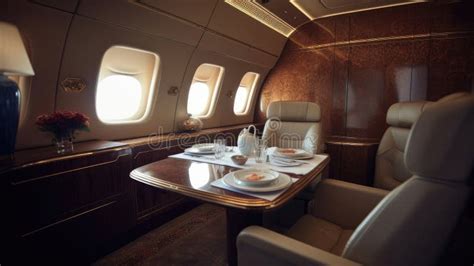 Interior Of The Plane With Table And Chairs In A Private Jet Flying In
