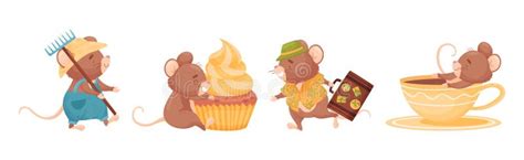 Cute Mouse Character Engaged In Different Activity Vector Set Stock