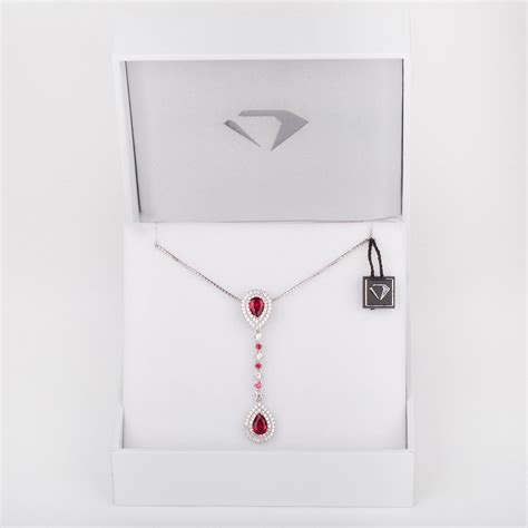 Fusion Ruby Halo 18ct White Gold Drop Pear Pendant Jian London