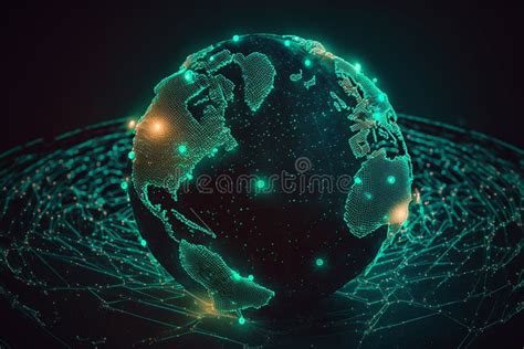 Cyber Network With Neon Dots And Lines Global Network Concept Earth