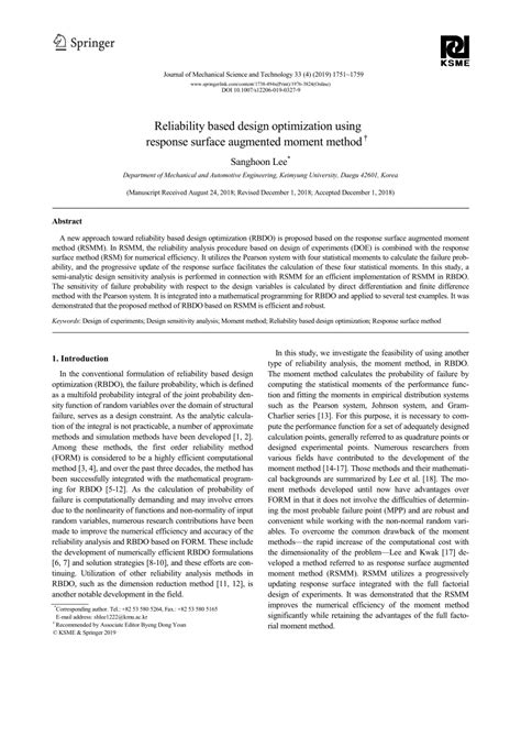 Pdf Reliability Based Design Optimization Using Response Surface Augmented Moment Method