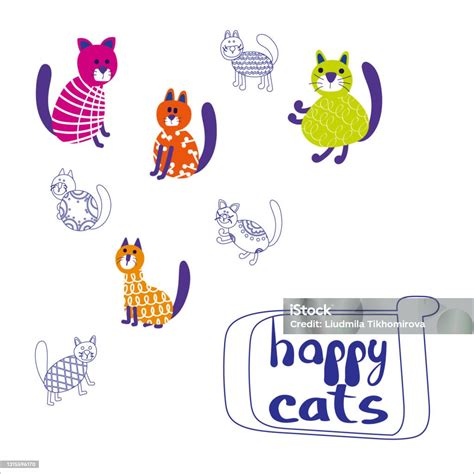 재미있는 만화 고양이와 글자 및 추상 적 요소 스티커는 흰색 배경에 고립 되어 있습니다 예쁜 키티의 벡터 일러스트 세트 고양이 새끼에 대한 스톡 벡터 아트 및 기타 이미지