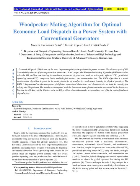 Pdf Woodpecker Mating Algorithm For Optimal Economic Load Dispatch In