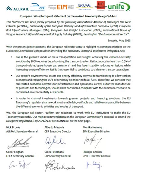 European Rail Sectors Joint Statement On The Revised Taxonomy Delegated Acts Eim