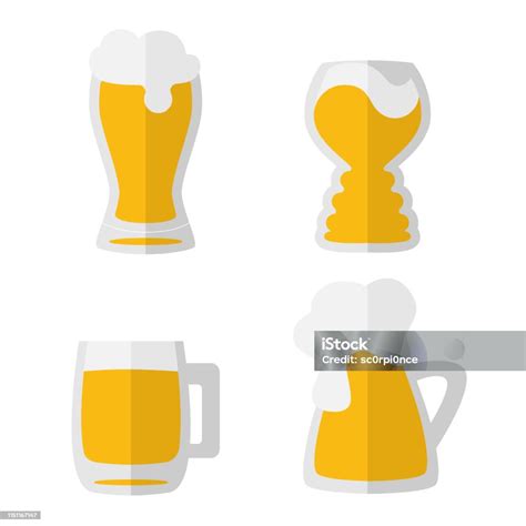 4 평면 손으로 그린 맥주 머그잔 아이콘 흰색 절연의 집합입니다 노란색 주황색 회색 맥주의 날 파티 컨셉 벡터에 대한 스톡 벡터 아트 및 기타 이미지 Istock