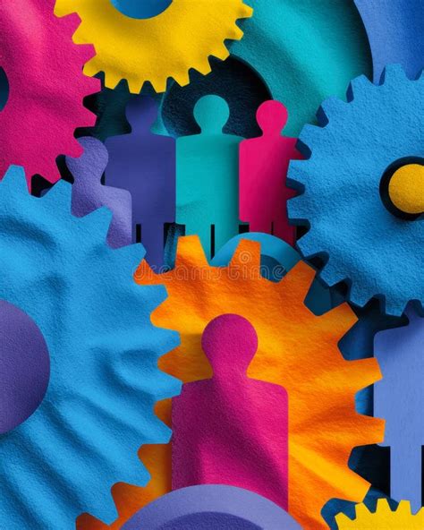 Colorful Gears And Figures Symbolize Teamwork And Collaboration In A Dynamic Environment Stock