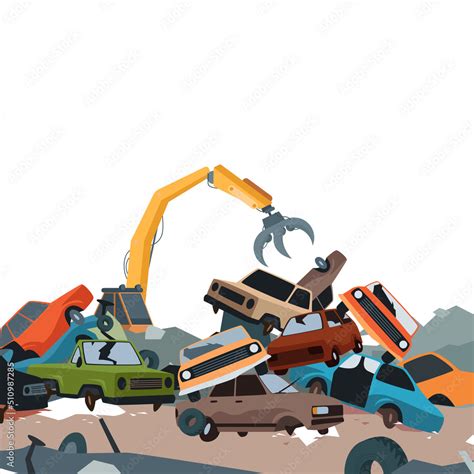Car Dump Junkyard Landscape With Metal Pile Cartoon Steel Crane