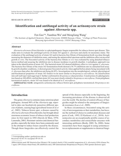 Pdf Identification And Antifungal Activity Of An Actinomycete Strain