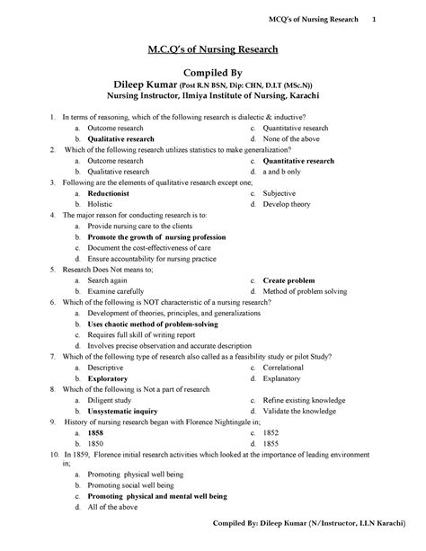 Research Solved MCQ MCQs Of Nursing Research 1 M Cs Of Nursing