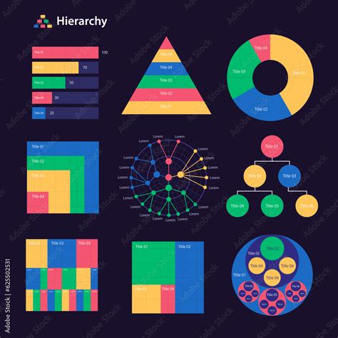 Hierarchy Infographic Chart Design Template Set For Dark Theme Visual Data Presentation