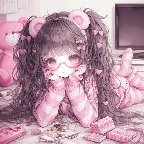Anime Girl Laying On Bed With Pink Teddy Bears And Pink Lipstick