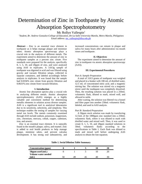 Pdf Determination Of Zinc In Toothpaste By Atomic Absorption