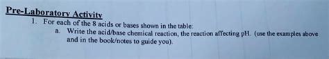 Solved Pre Laboratory Activitv For Each Of The 8 Acids Or Bases Shown