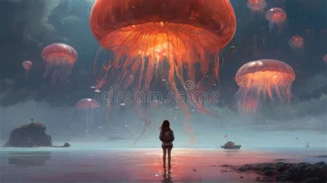 Girl Looking At Giant Jellyfish Floating In The Sky Stock Illustration Illustration Of