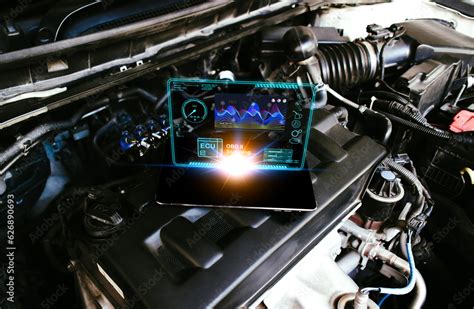 ECU Engine System Checking With OBD2 Wireless Scanning Tool And Car Information Showing On HUD
