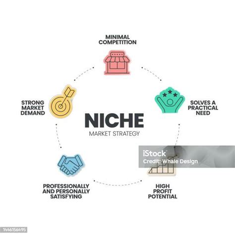 틈새 시장 전략 인포 그래픽 프리젠 테이션 템플릿은 경쟁 시장 수요 실용적인 필요 높은 수익 잠재력 전문적이고 개인적으로 만족 스럽습니다 비즈니스 벡터 개념에 대한 스톡