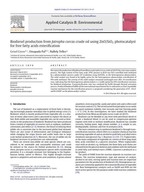 Biodiesel Production From Jatropha Curcas Crude Oil Using Znosio2