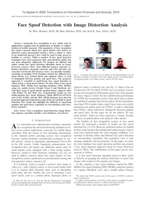 pdf face spoof detection with image distortion analysisbiometrics cse