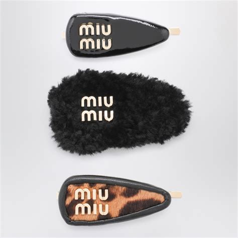 Miu Miu Set Of Black Leather Cowhide Shearling Clips TheDoubleF