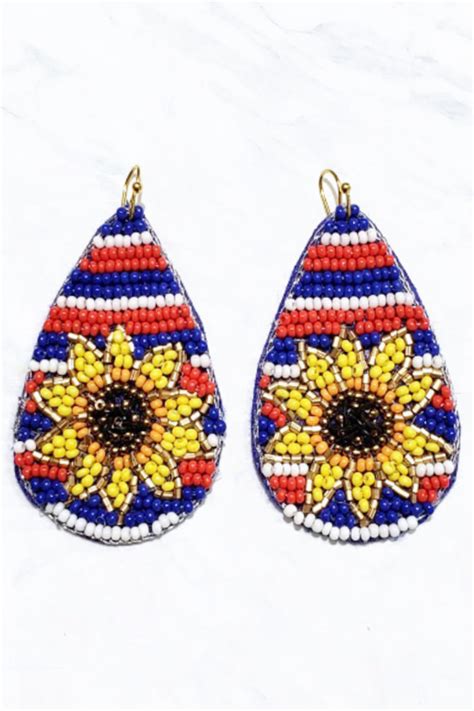 Patriotic Flag Sunflower Seed Bead Post Dangle Earrings Suzie Q Usa
