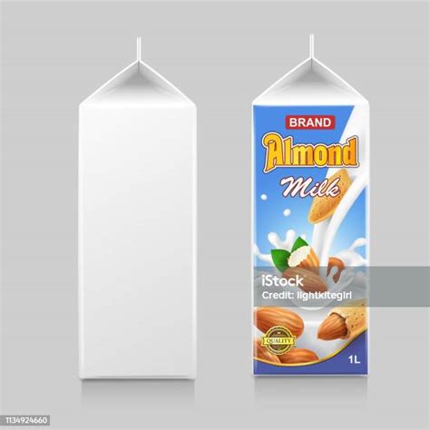 종이 패키지 상자 골 판지 팩 및 액체 스플래시와 견과류 벡터 일러스트 레이 션과 음료에 아몬드 우유 아몬드에 대한 스톡 벡터
