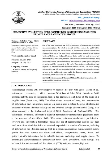 Pdf Subjective Evaluation Of Recommender System Using Modified Delean