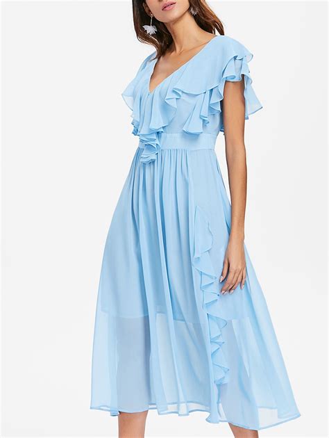 [26 Off] Plunging Neckline Backless Ruffle Midi Prom Dress Rosegal